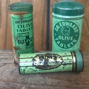 3 Green Metal Tablet Tins 1 Tums Tin, 2 Dr Edwards Olive Tablets ...