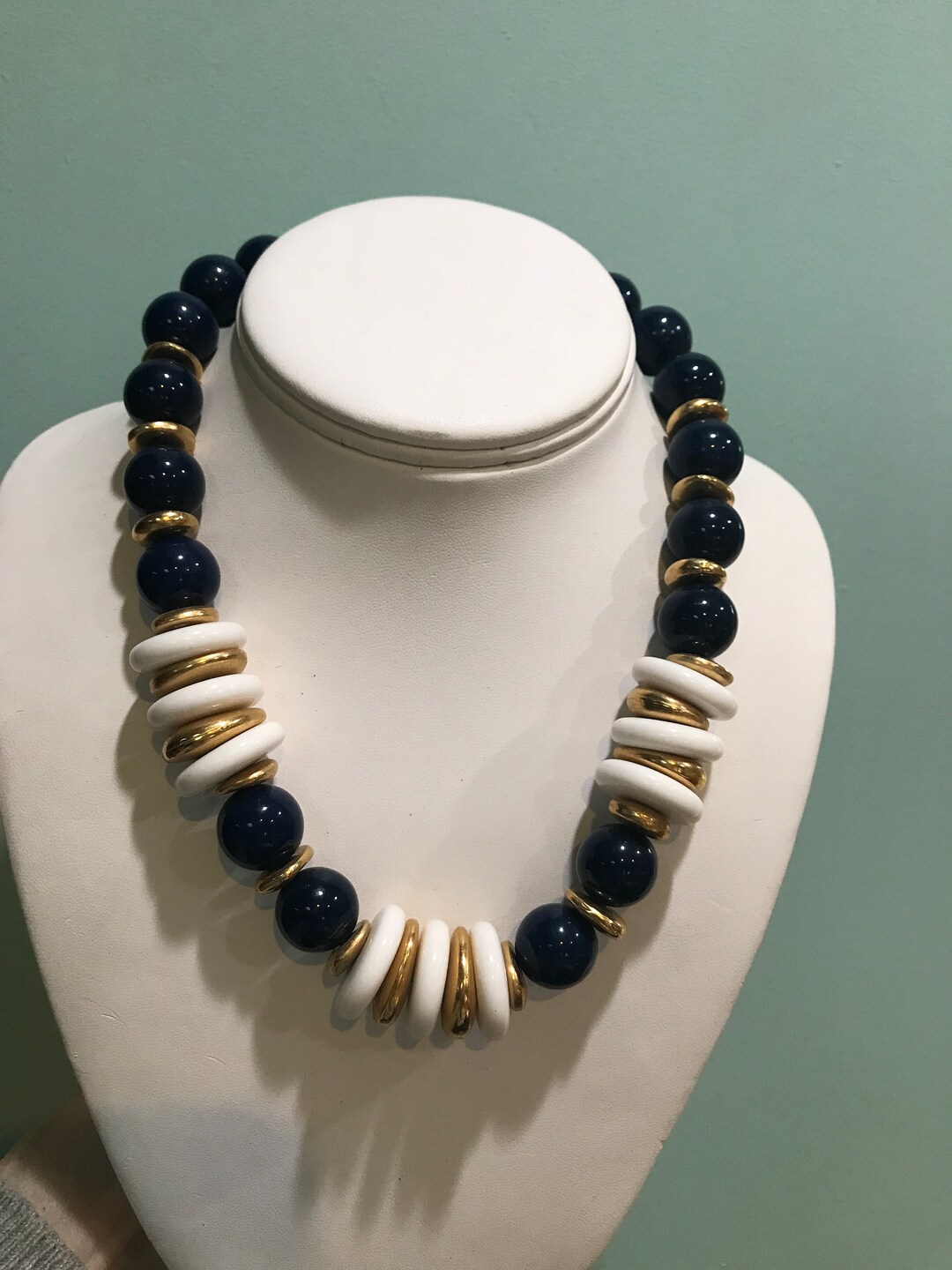 Napier Chunky Choker Navy Blue, White, Gold Disc Accent Beads 18.5 Inch ...