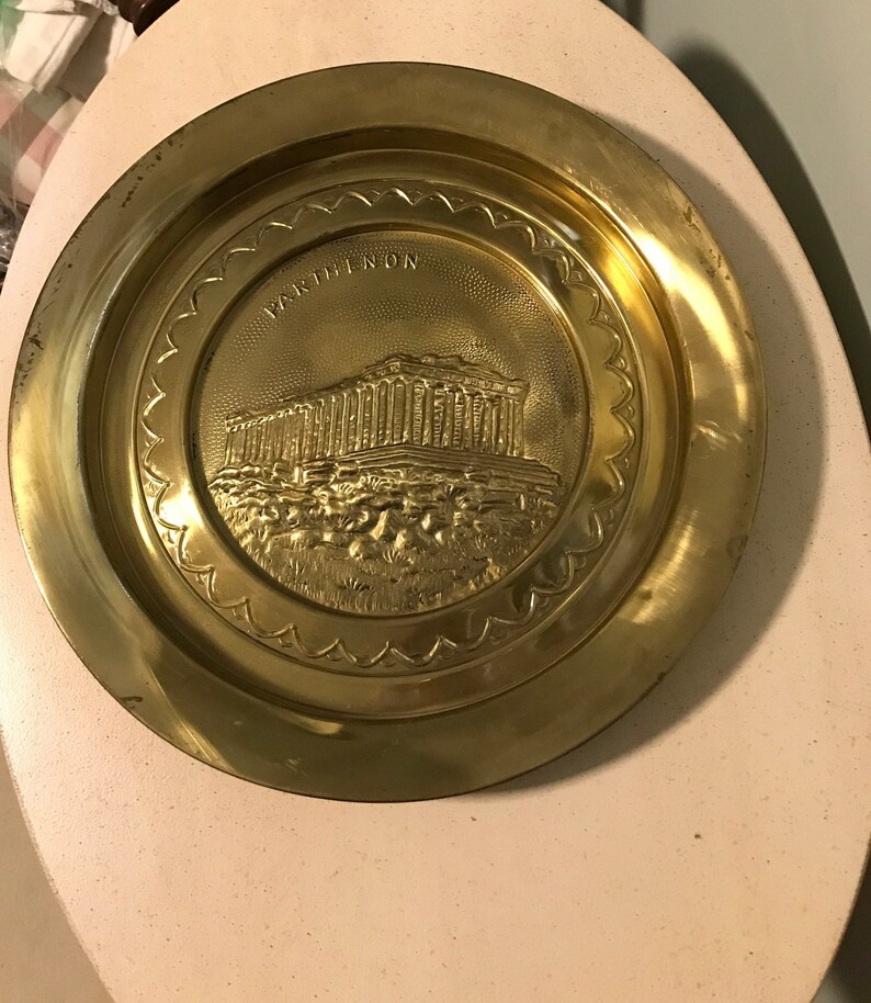 Round Brass Tray Greek Parthenon Repousse Decorative Border Polished ...