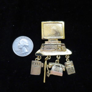 Computer Monitor W/ Keyboard Brooch 4 Gold Charms Calculator Rotary ...