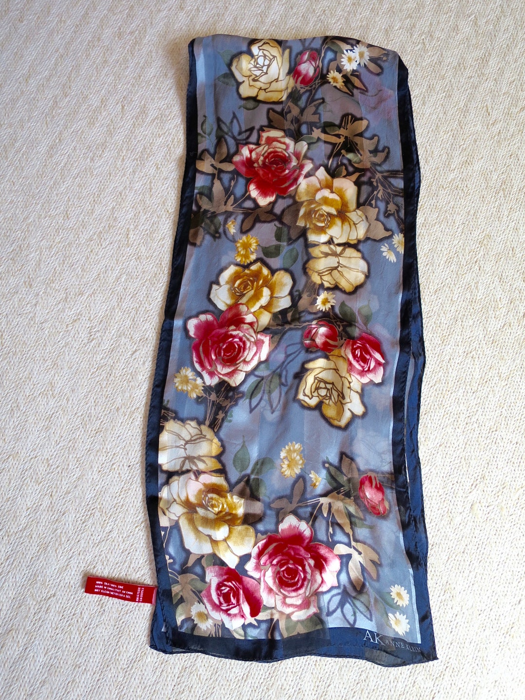 Anne Klein Roses Silk Scarf Long Semi Sheer Stripes Red Gold Roses Navy ...