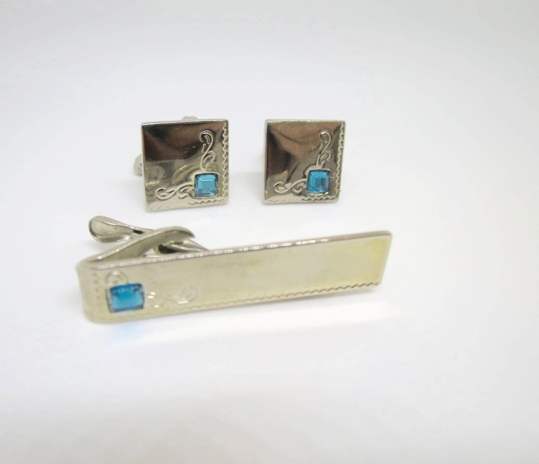 Mid-century Modern Cuff Links Tie Clip Set, Aquamarine Blue Lucite ...