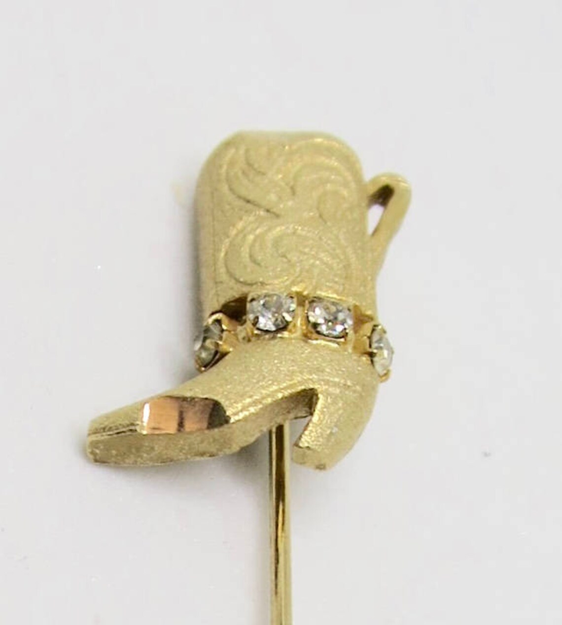 Cowboy Boot Stick Pin Brooch Gold Diamond Engraved Details Rhinestone ...