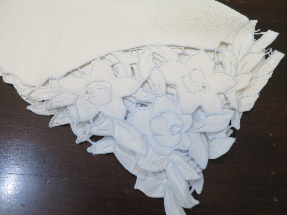 White Linen Cutwork Doily Blue Machine Embroidery Flower - Etsy