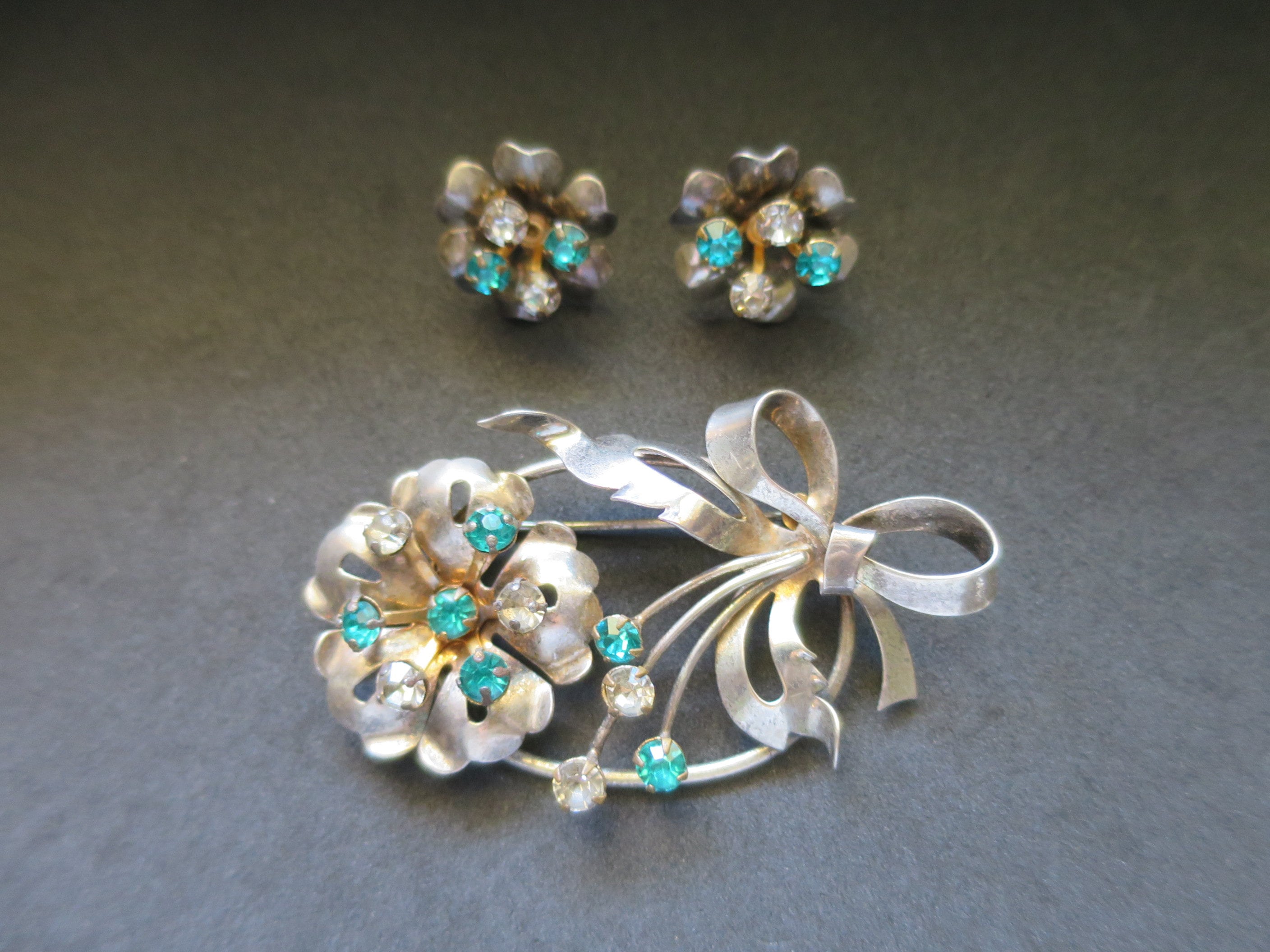 Leo Glass Sterling Brooch Earrings Set Signed Aqua Clear Rhinestone ...