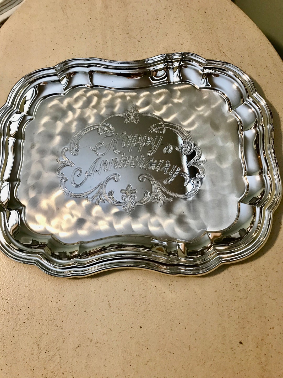 WMF Ikora Silver Tray Happy Anniversary Center Scallop Border 13 X 10.5 ...