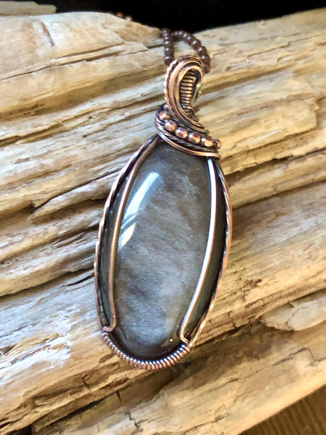 Reserved for Helen...........silver Obsidian and Copper Pendant, Wire ...