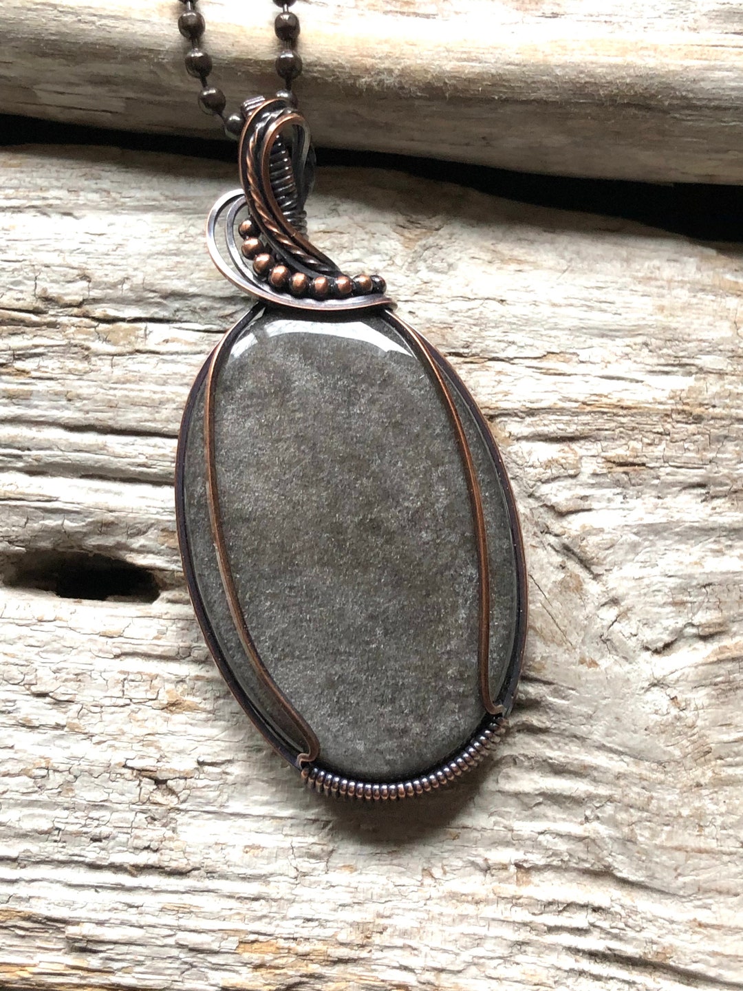 Silver Sheen Obsidian Pendant, Wire Wrapped Obsidian Pendant, Obsidian ...