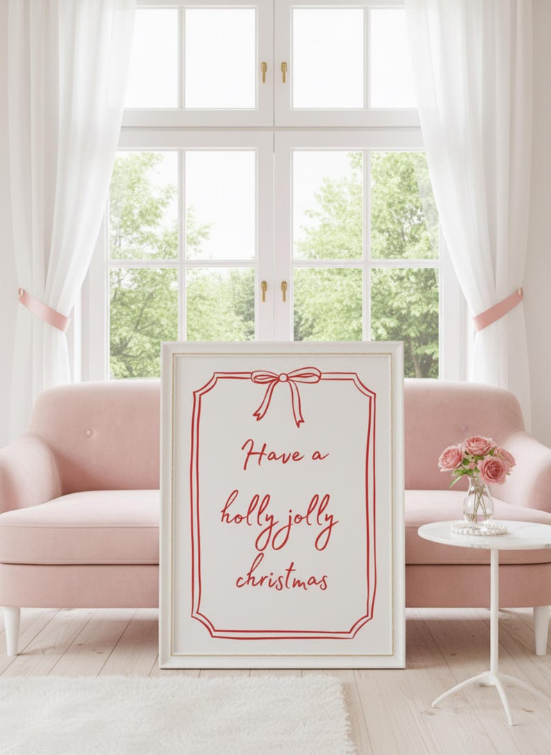 Impressão natalina "Holly Jolly" | Decoração de Natal com laço vermelho ...