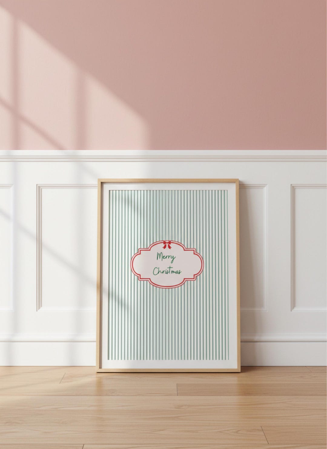 Merry Christmas Print | Green Stripe Wall Art | Pink Bow Holiday Poster ...