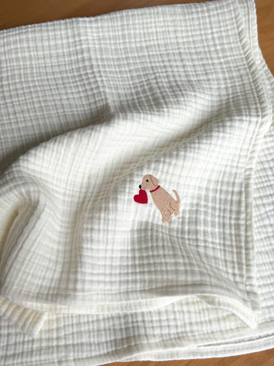 Heart Dog Embroidered Muslin Baby Blanket, Organic Muslin Baby Wrap ...