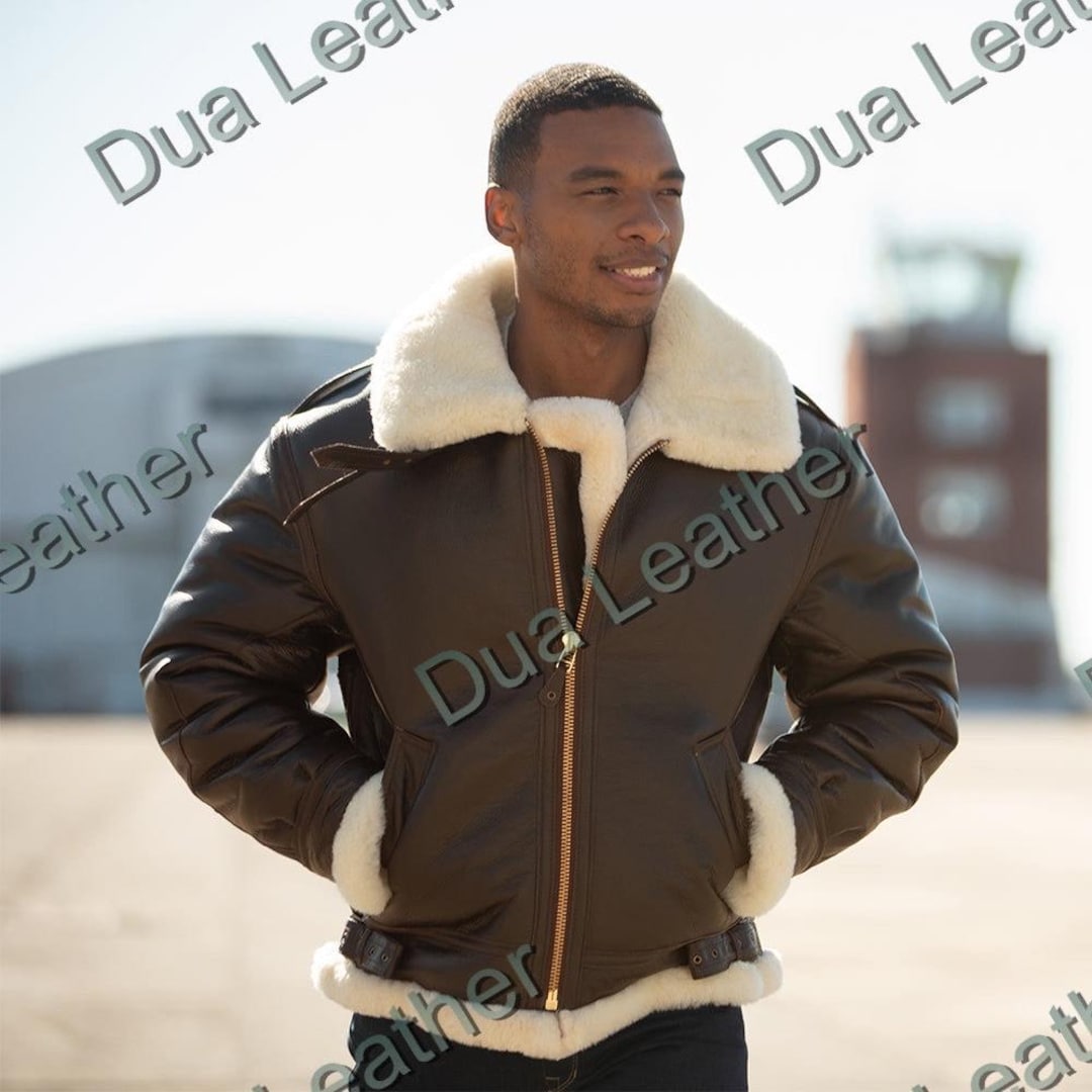 Men's Shearling Aviator Jacket: Real Lambskin Leather Bomber Coat - Etsy