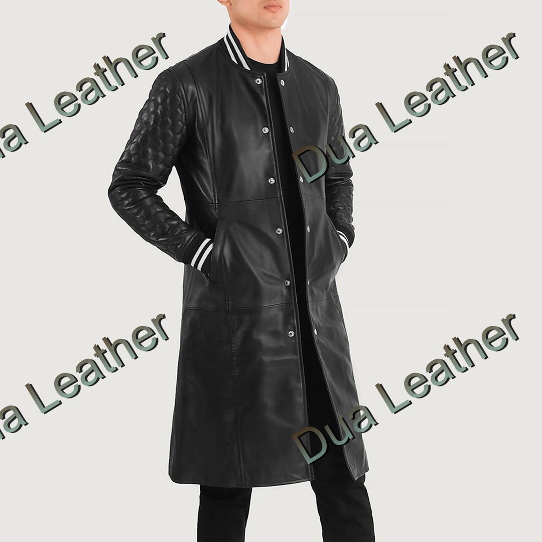 Men's Long Leather Varsity Jacket Quilted Sleeve Bomber Coat Black ...