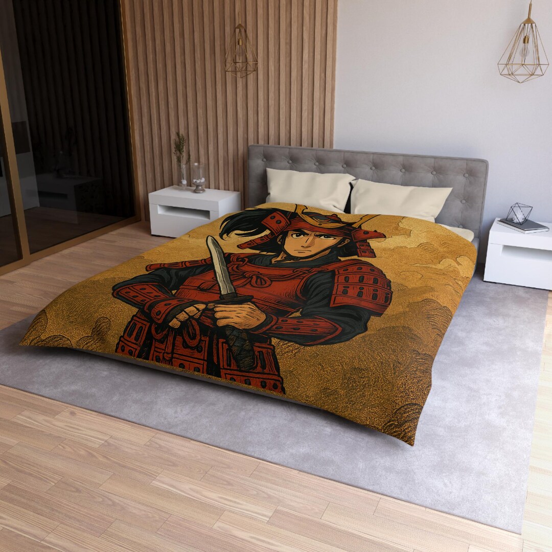 Japanese Samurai Anime Warrior Duvet Cover - Red Armor Bedding Set ...