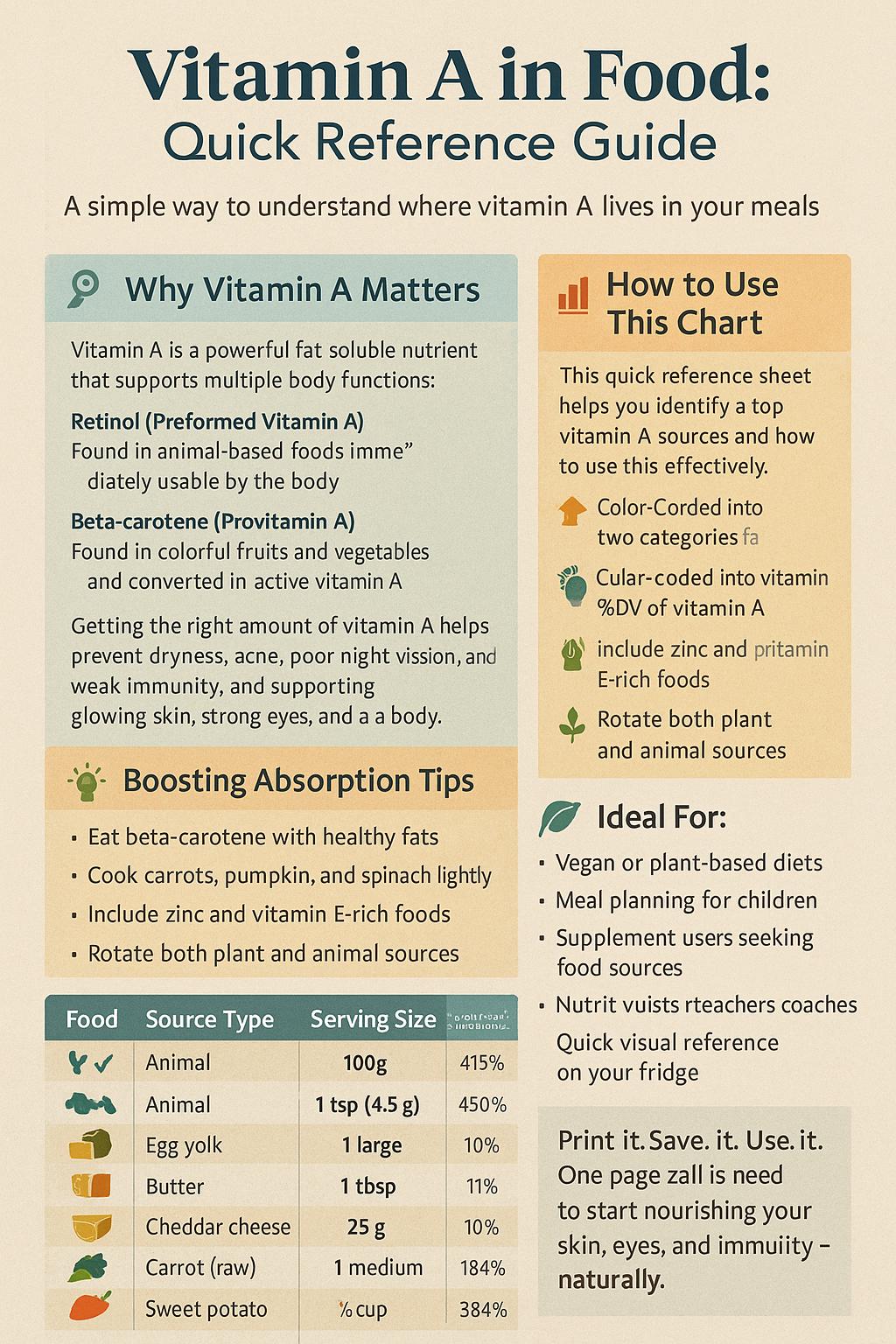 Vitamin A Foods Chart Printable | Nutrition Reference Sheet | Vitamin A ...
