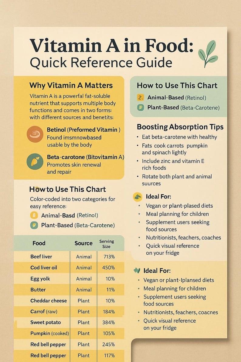 Vitamin A Foods Chart Printable | Nutrition Reference Sheet | Vitamin A ...