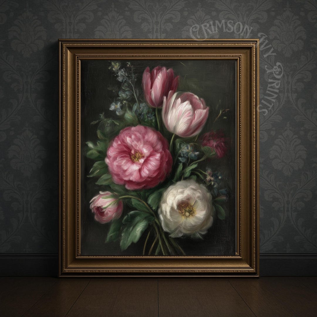 Dark Botanical Floral Art Print – Moody Peony & Tulip Digital Painting ...
