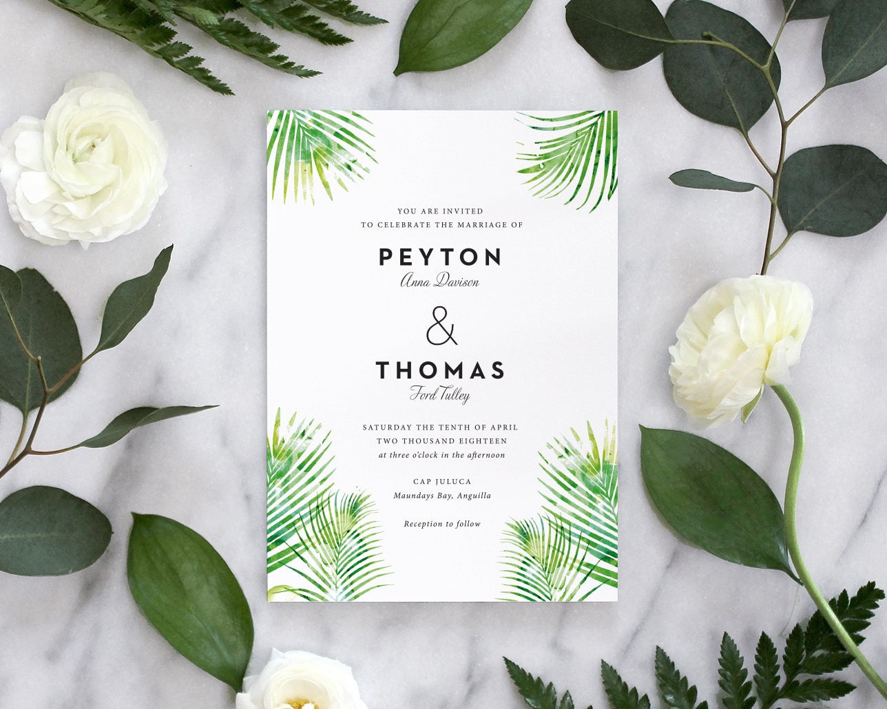 Palm Leaves Wedding Invitation Tropical Wedding Invitation - Etsy