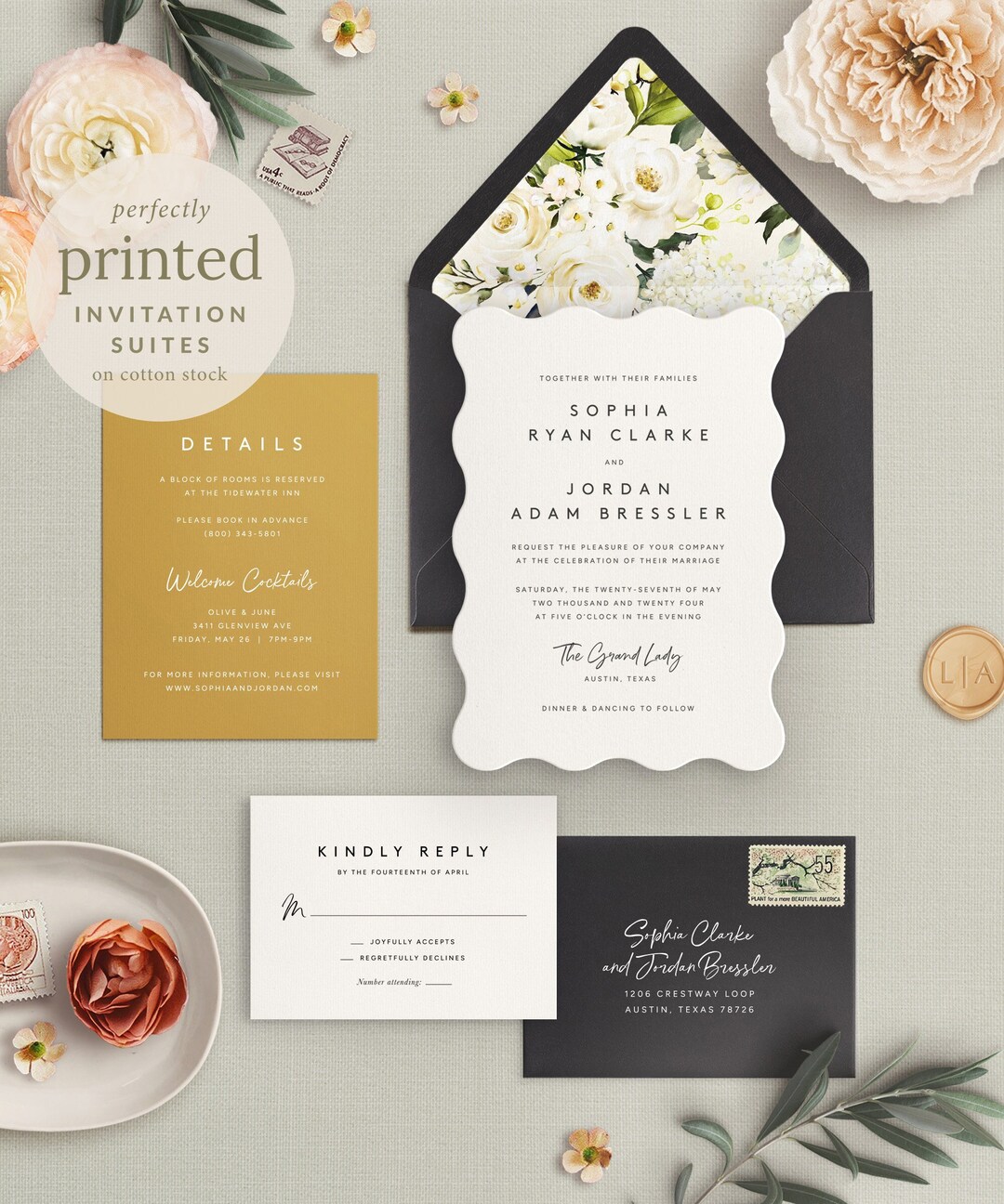 Wavy Edge Wedding Invitation Set, Printed Invitation Suite ...