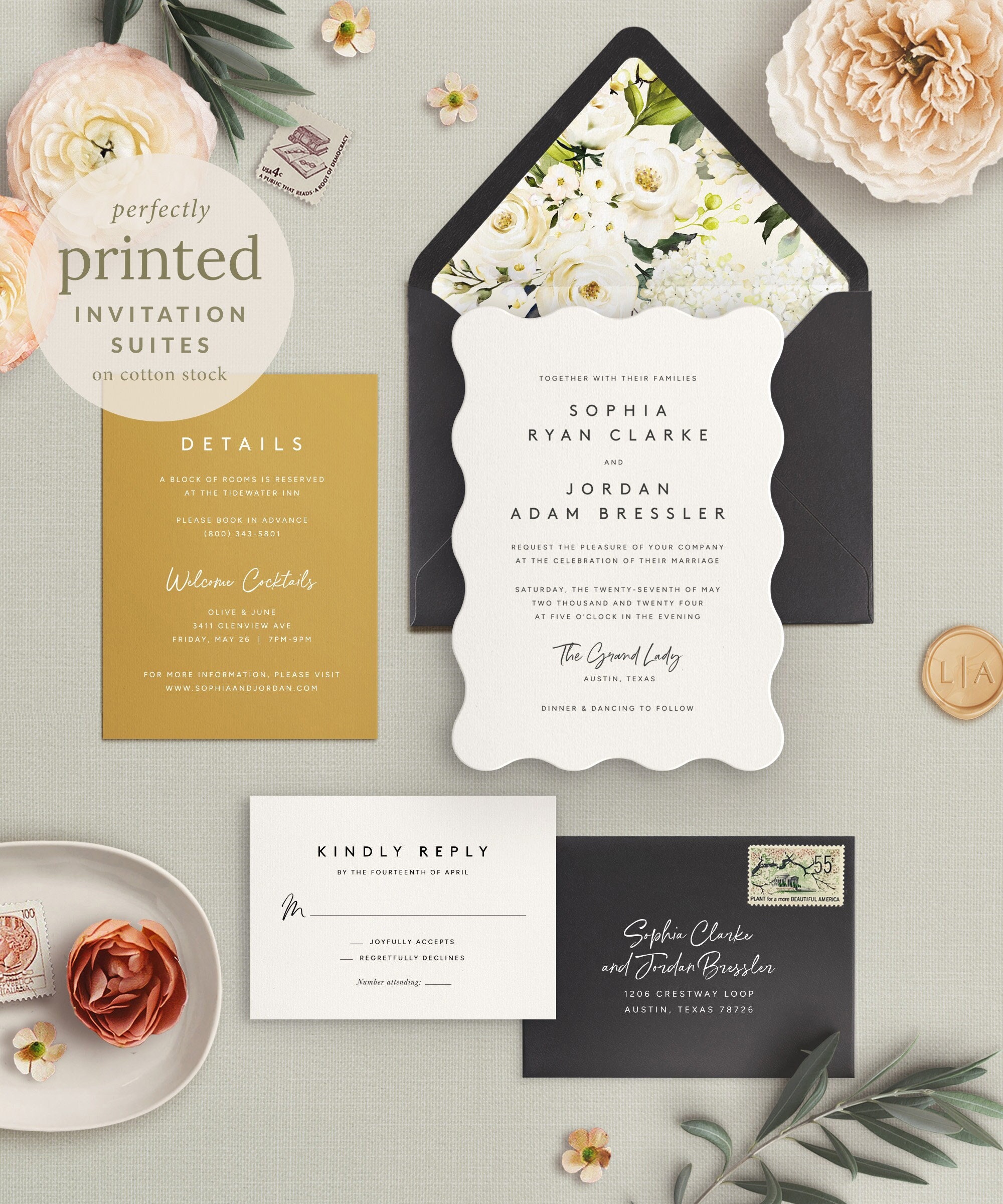 Wavy Edge Wedding Invitation Set, Printed Invitation Suite ...