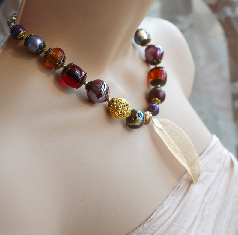 Gold Leaf Necklace in Autumn Colours of Gold, Amber, Purple and Bronze ...