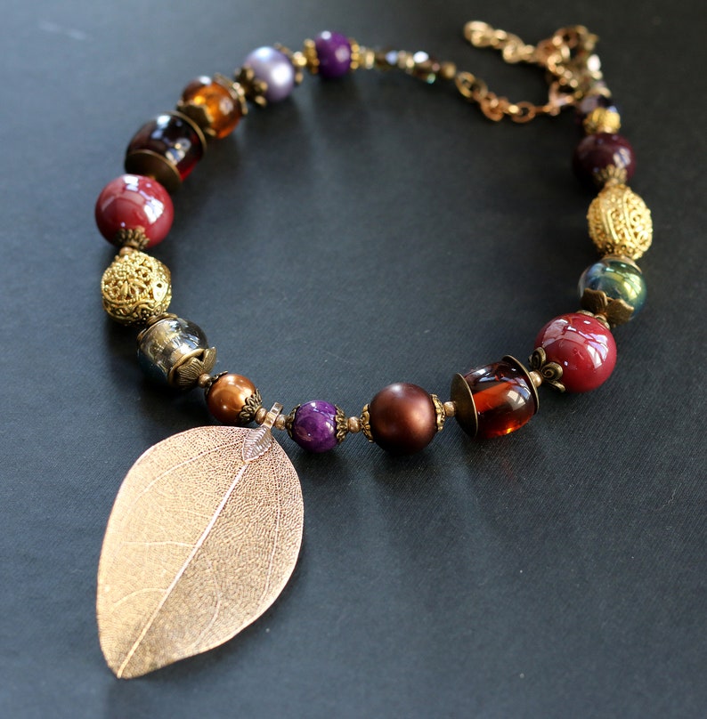Gold Leaf Necklace in Autumn Colours of Gold, Amber, Purple and Bronze ...