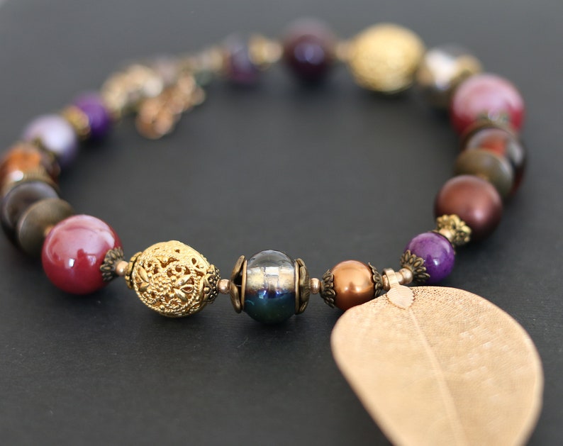 Gold Leaf Necklace in Autumn Colours of Gold, Amber, Purple and Bronze ...