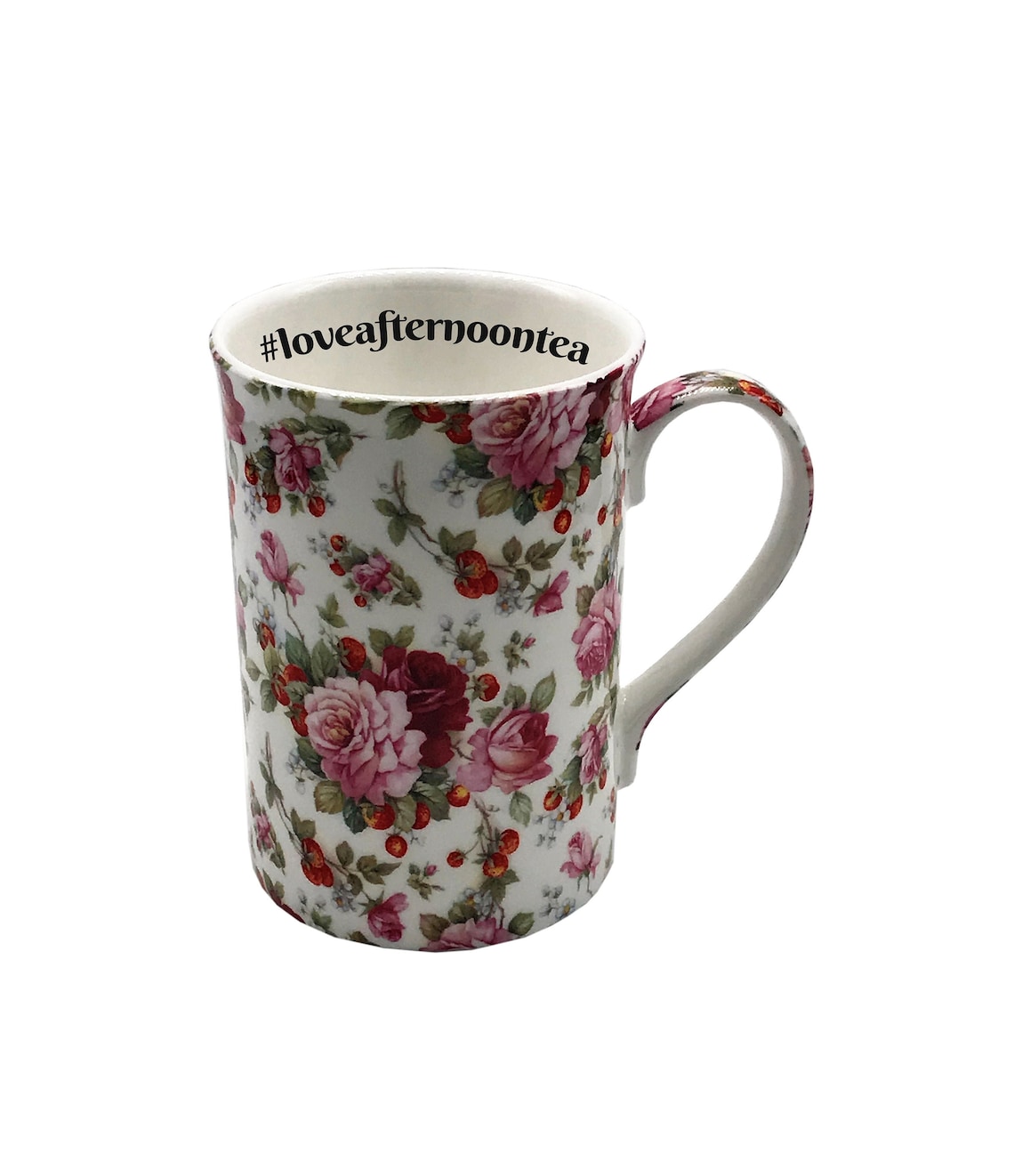 Personalised Fine Bone China Mug, Floral Strawberry Chintz, Modern ...