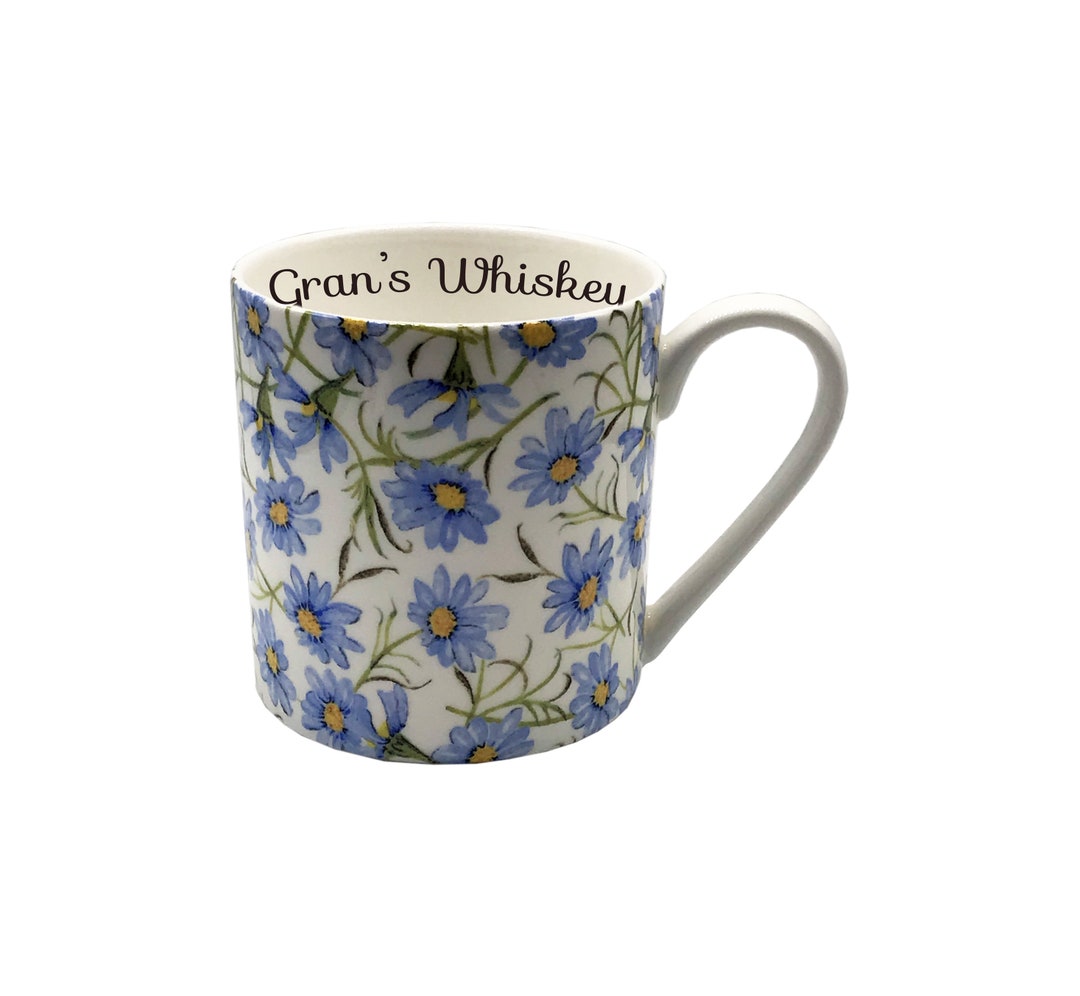 Personalized Fine Bone China Mug, Vintage Blue Daisy Chintz Design ...