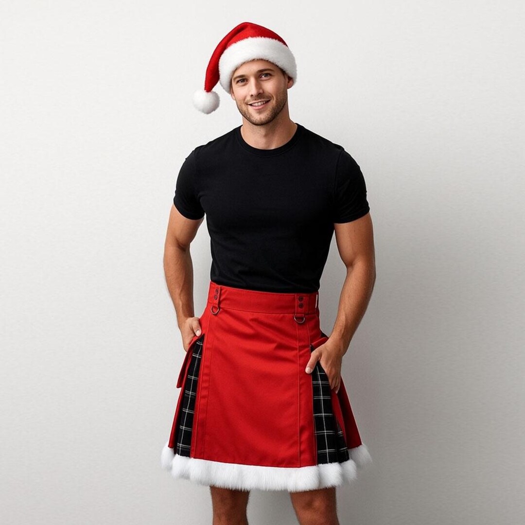 Christmas Kilt Men With Santa Claus Hat Custom Red Hybrid Tartan Pleat ...