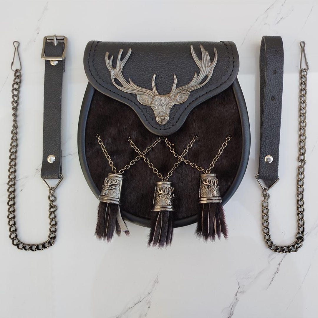 Antique Stag Head Badge Black Leather Sporran Brown Fur Handmade Real ...