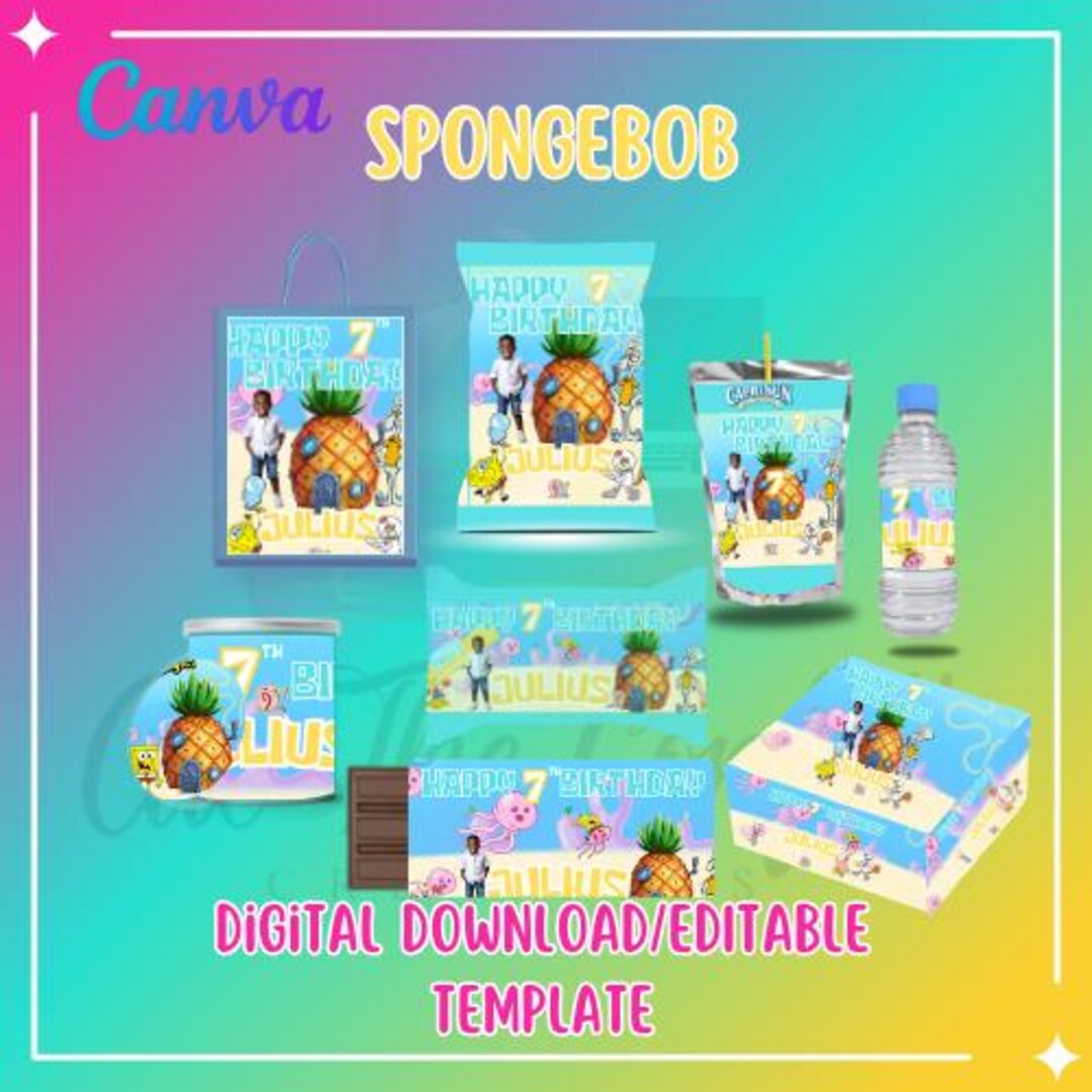 Spongebob Canva Editable Party Favor Bundle | Treat Bag Mockup | Boy ...