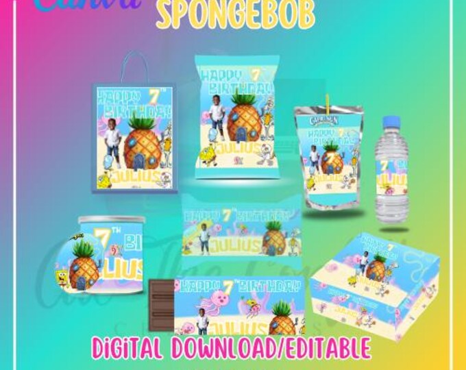 Spongebob Canva Editable Party Favor Bundle | Treat Bag Mockup | Boy ...