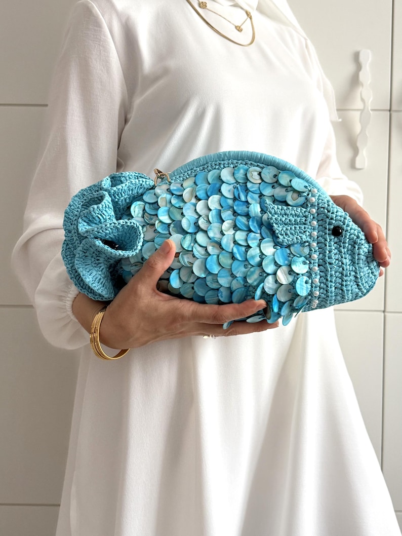 Blue Fish Shaped Bag, Mother of Pearl Sequin Bag, Handmade Raffia ...