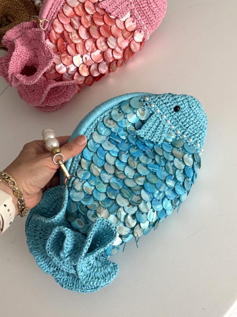 Blue Fish Shaped Bag, Mother of Pearl Sequin Bag, Handmade Raffia ...