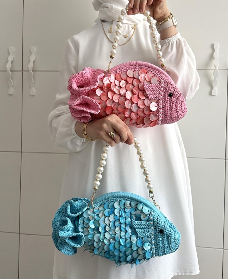 Blue Fish Shaped Bag, Mother of Pearl Sequin Bag, Handmade Raffia ...