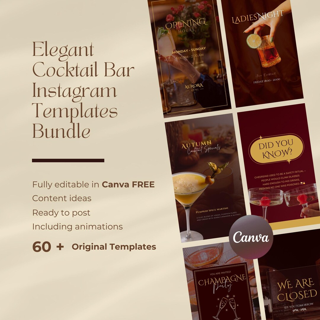 Cocktail Bar Instagram Story Templates | Elegant Canva Bundle With Pre ...