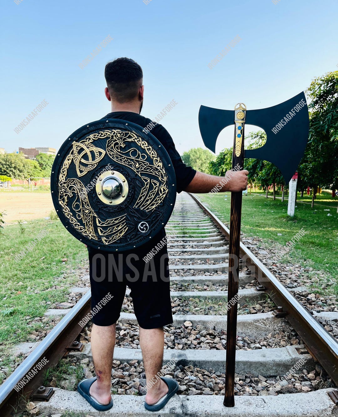 Handmade Viking Shield & Double Headed Axe Set - Rosewood Handle - Etsy