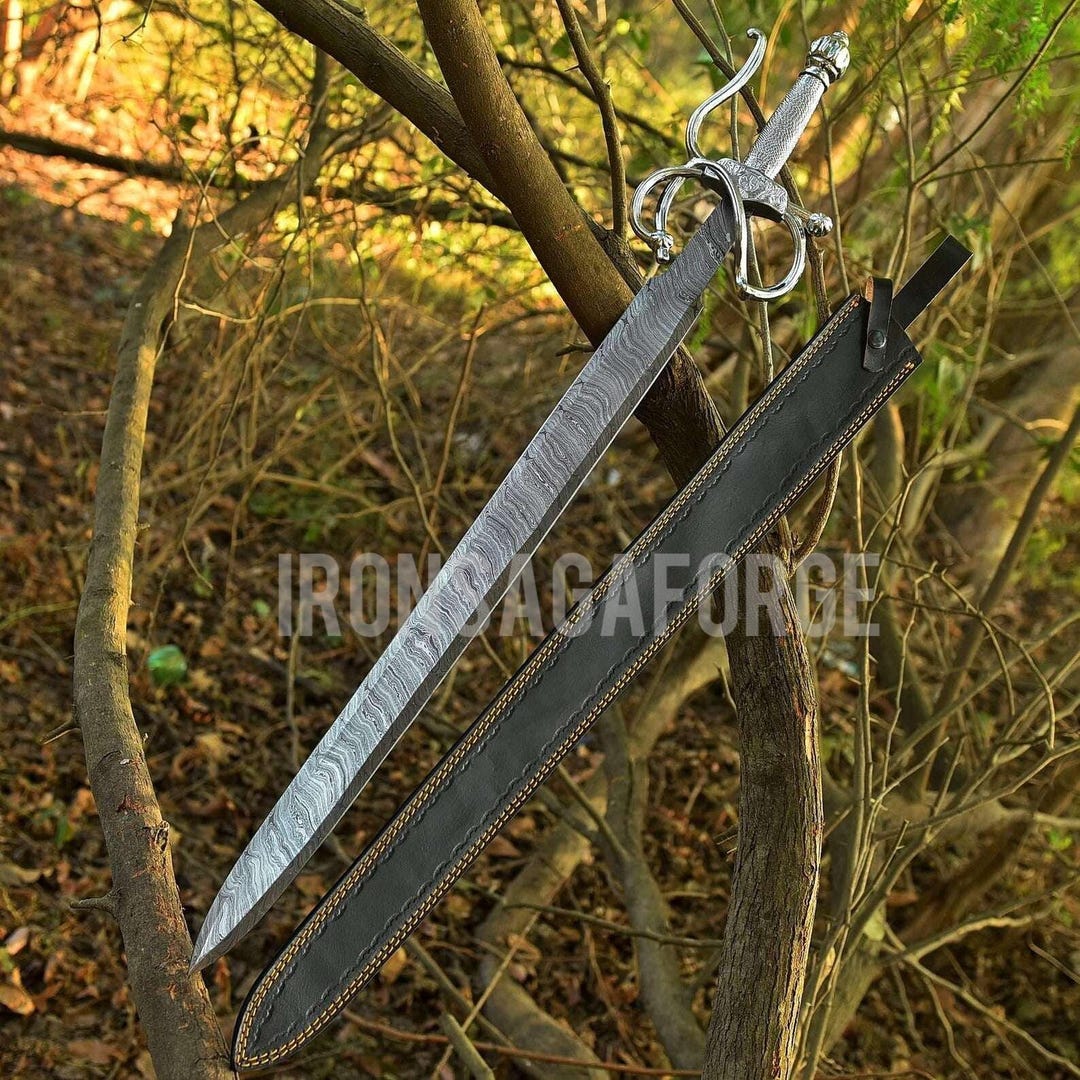 Hand Forged Damascus Steel Rapier Sword, Leather Sheath, Medieval ...