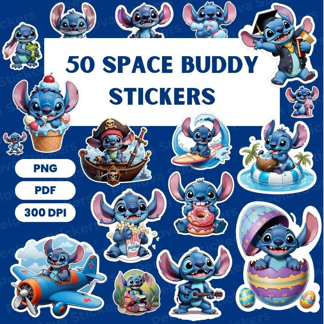 50 Space Buddy Stickers, Printable Stickers, Stitch Stickers, Cartoon ...