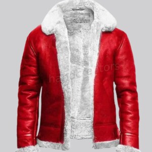Men's Red Shearling Christmas Style Jacket - Genuine Leather Jacket - Etsy