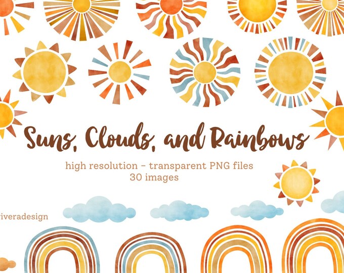 Pastel Rainbows Clipart Set - Rainbows, Clouds, Sun, Hearts, Rain ...