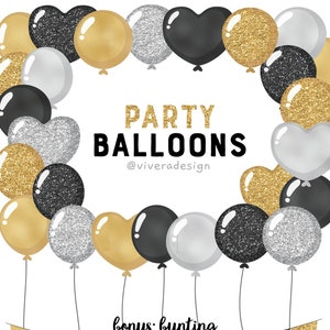 Party Balloon Clip Art. Metallic Gold, Silver, and Black. Digital ...