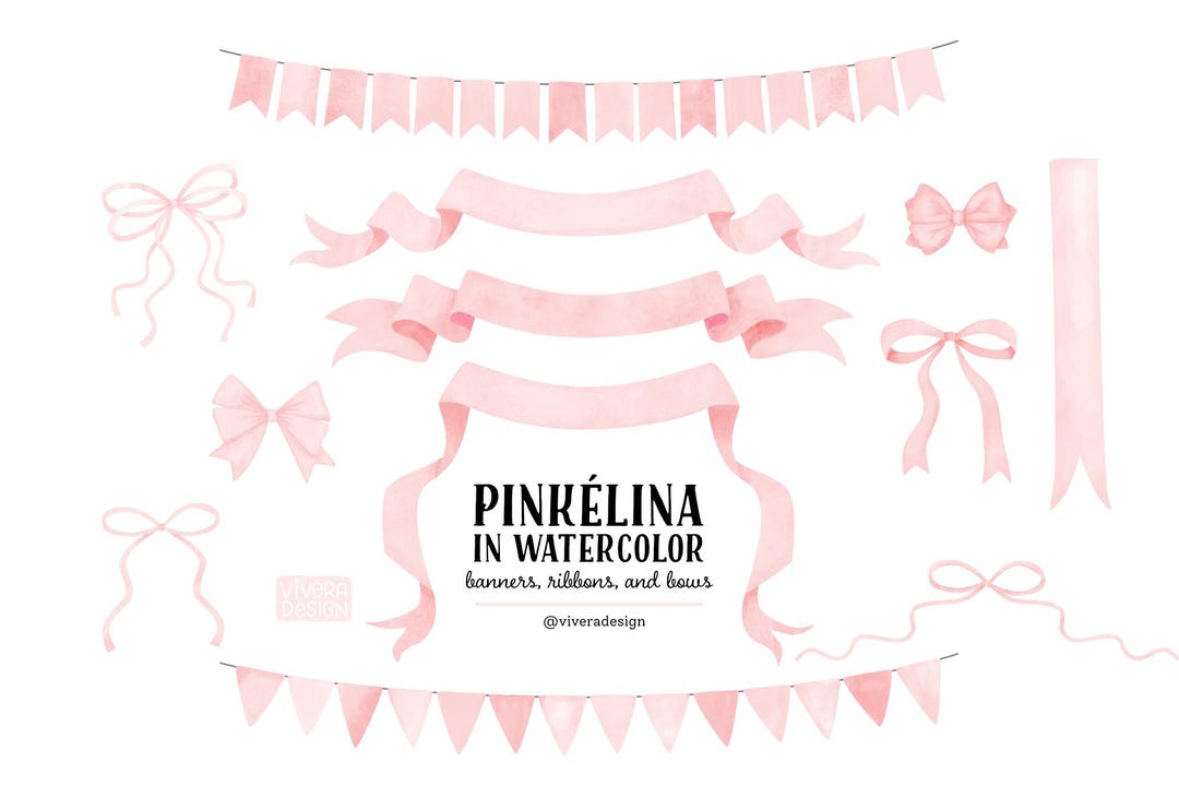 Baby Pink Watercolor Bows Ribbons Banners Clip Art - Sweet Pink ...