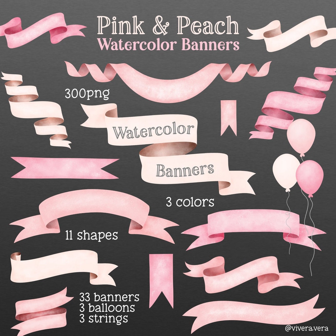 Watercolor Ribbon Banner Clipart: Pink Peach Banners, Balloons (digital ...