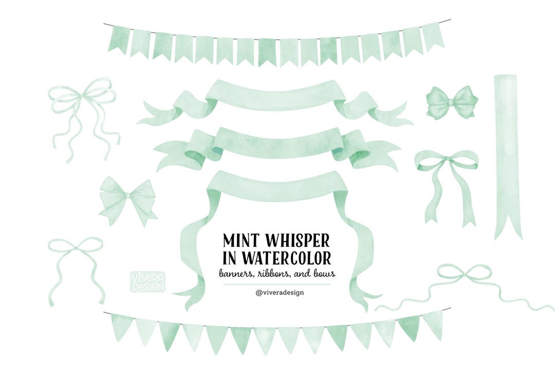 Light Green Watercolor Bows Ribbons Banners Clip Art - Mint Green ...