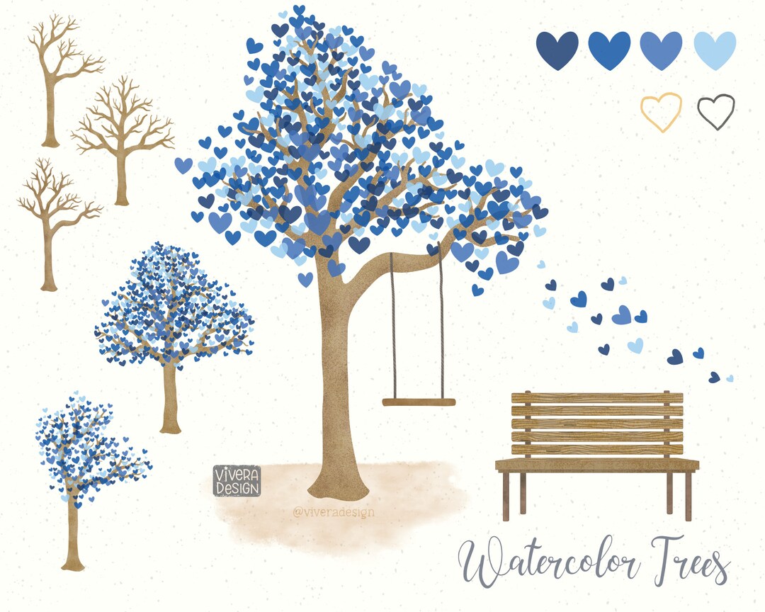 Watercolor Blue Heart Tree | PNG | Swing | Wooden Bench | Digital Clip ...