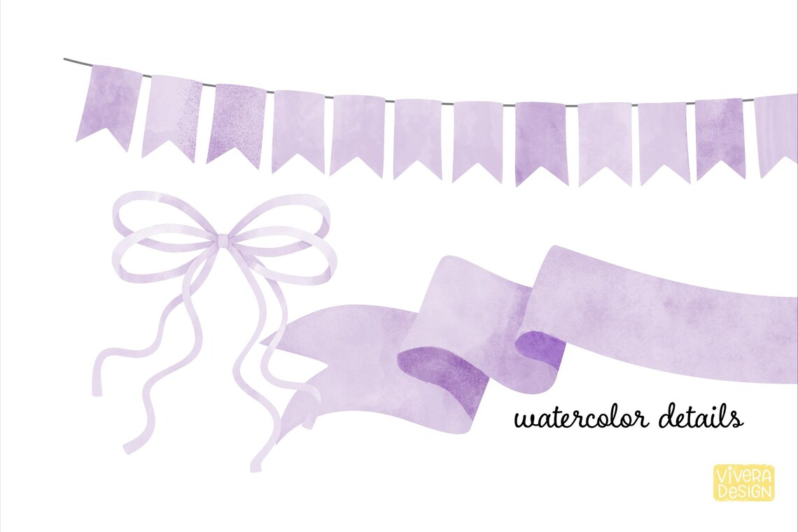 Lilac Watercolor Bows Ribbons Banners Clip Art - Lavender Pastel Purple ...