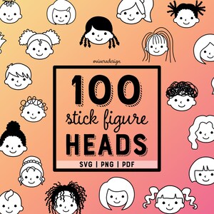 Kids Head Stick Figures - SVG | PNG | PDF - Black Lines White Fill ...