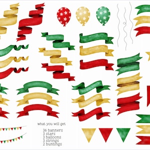 Christmas Watercolor Banners Ribbons Clip Art - Green, Red, and Gold ...